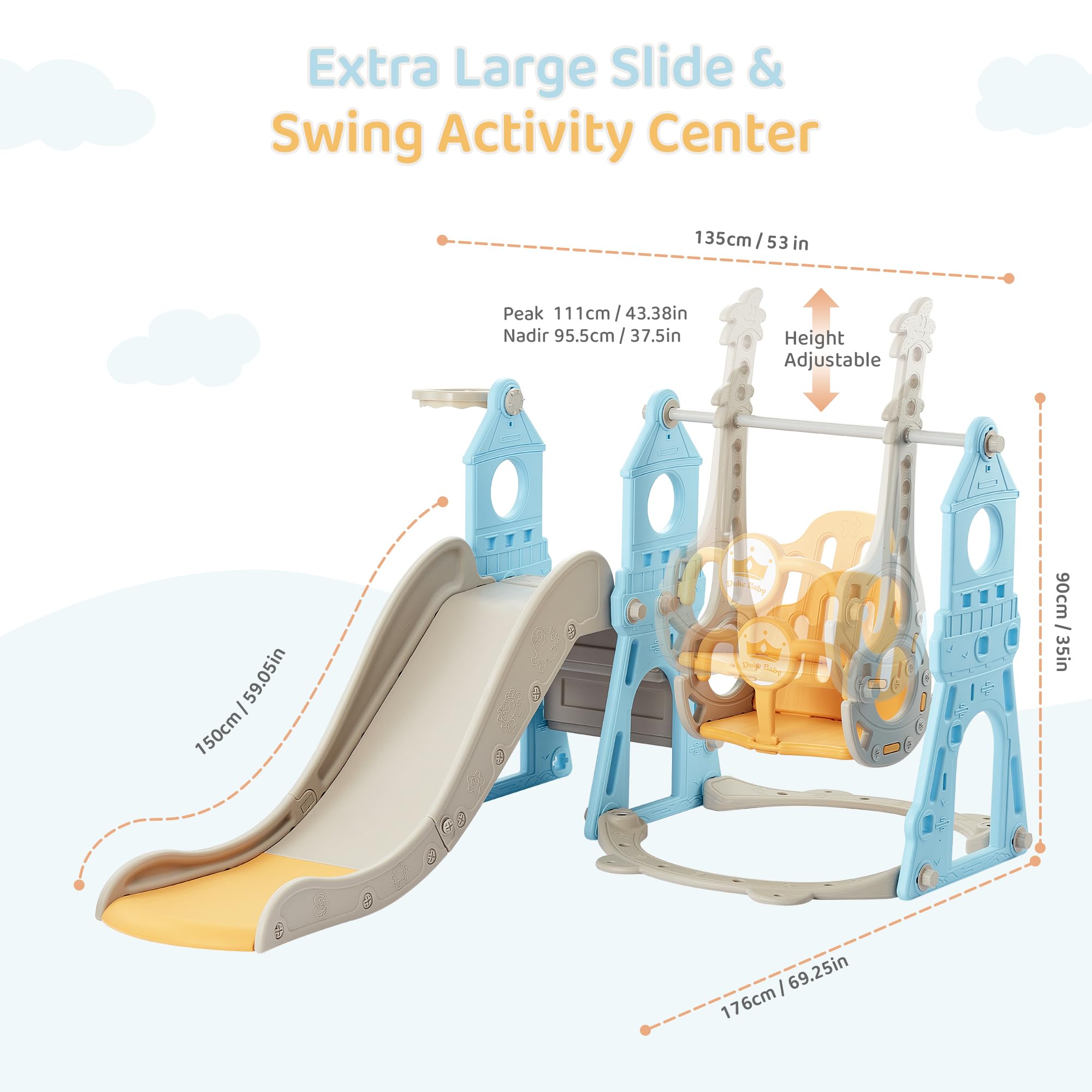 4-in-1 Toddler Slide and Swing Set with Extra Large Playground, Basketball Hoop & Climber, Indoor/Outdoor Playset, Castle Collection - Blue & Yellow