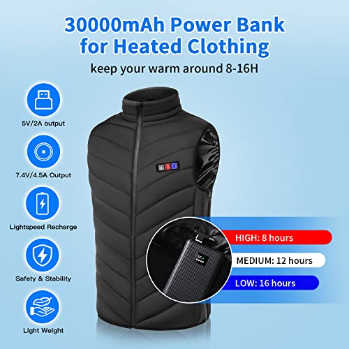 MOSILA Heated Vest Battery Pack, Portable Charger with DC and USB Output Ports, 5V/7.4V 30000mAh Power Bank for Heated Jacket and Heated Hoodie, LED Display Portable Charger for iPhone Android