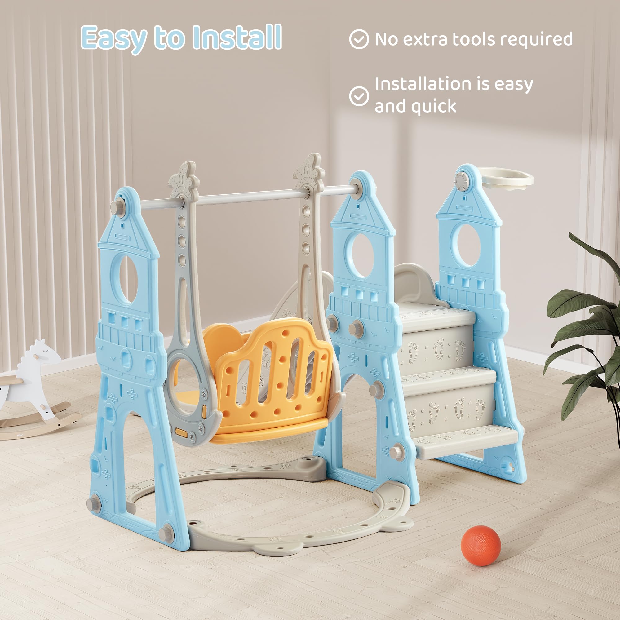 4-in-1 Toddler Slide and Swing Set with Extra Large Playground, Basketball Hoop & Climber, Indoor/Outdoor Playset, Castle Collection - Blue & Yellow