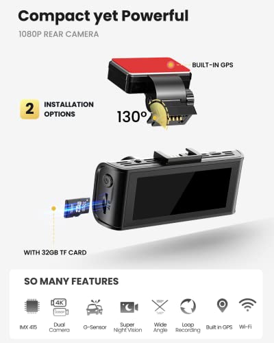 Blueskysea 4K Dual Dashcam with 32G TF Card, Front Rear Dash Camera Built-in GPS WiFi, Front 4K and Rear 1080P Dual Car Camera,3.16" Display,150° Wide Angle Car Camera with Sony-STARVIS Sensor