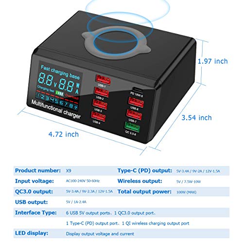 FUHAOXUAN 8-Port USB Fast Charger 100W USB hub Fast Charging Station Compatible with All Phone iPhone 11/11 Pro / 11 Pro Max iPhone X/XR/XS/XS Max iPhone 8/8 Plus
