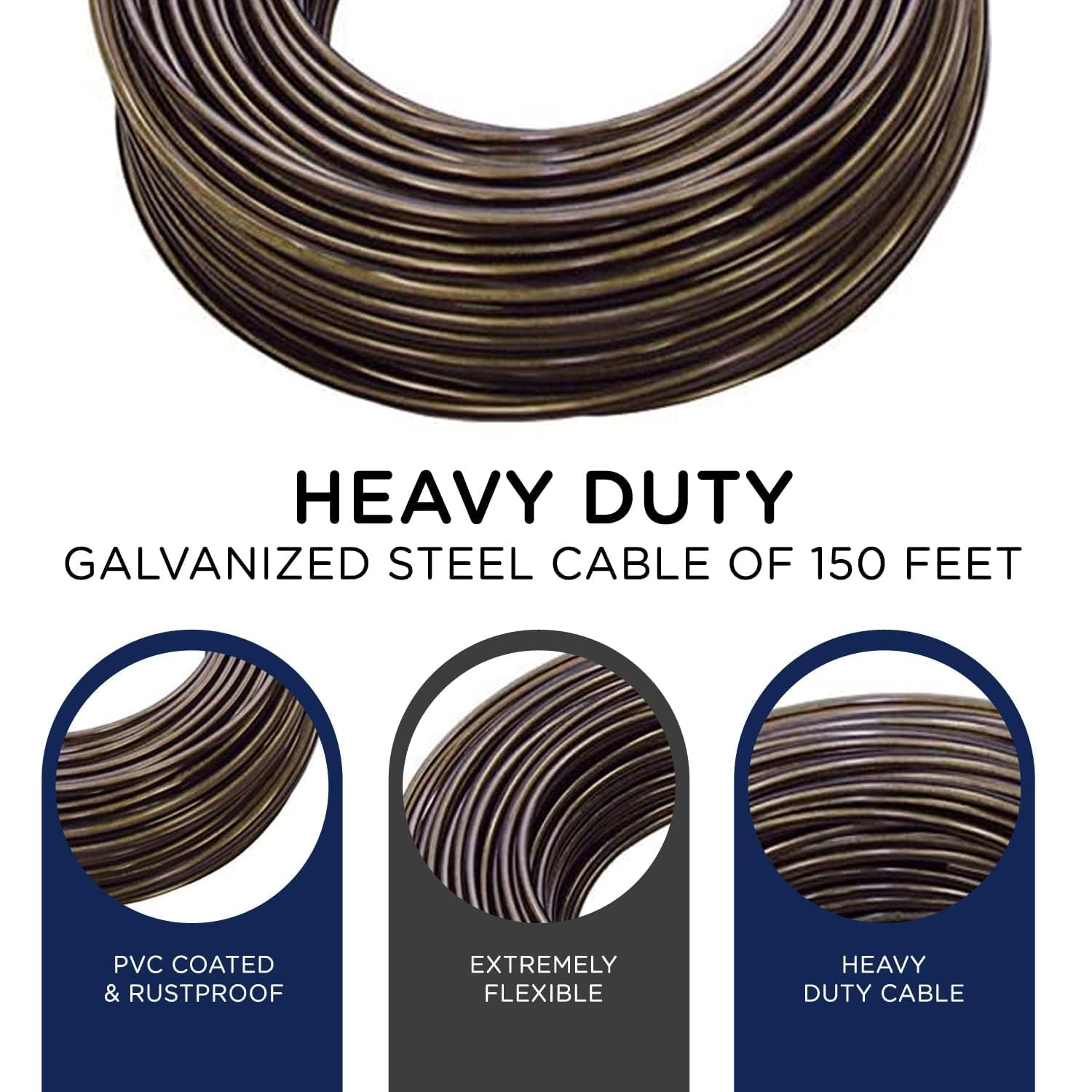 Strata 150 Feet Clothesline Outdoor Heavy Duty Galvanized Wire Steel Cable, Mocha PVC Coating - Clothes Line Wires for Outside Laundry Drying