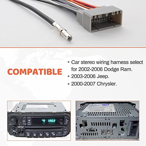 NuIth 70-6502 Car Radio Wiring Harness w/Antenna Adapter Connector Select for 2002-2007 Dodge Ram, 2003-2007 Jeep, 2000-2007 Chrysler Aftermarket Install Stereo Cable Antenna Plug