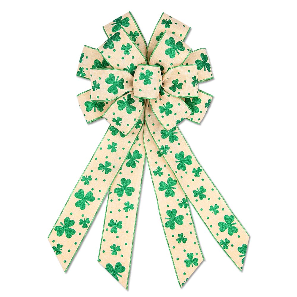 Large St. Patrick's Day Bows for Wreath, Glitter Green Shamrock Bow Irish Wreath Bows Holiday Burlap Bows for Front Door Saint Patrick's Day Decorations Supplies