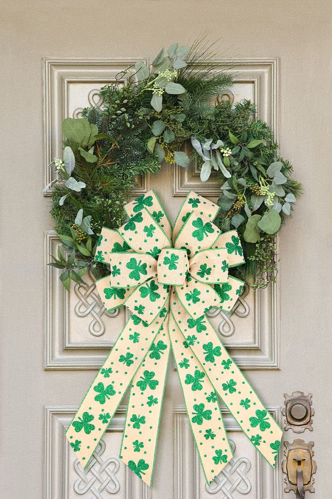 Large St. Patrick's Day Bows for Wreath, Glitter Green Shamrock Bow Irish Wreath Bows Holiday Burlap Bows for Front Door Saint Patrick's Day Decorations Supplies