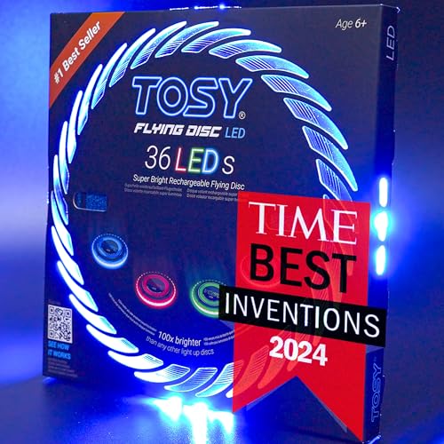 TOSY Flying Disc - 36 LEDs, Extremely Bright, Smart Modes, Auto Light Up, Rechargeable, Cool Valentine, Easter, Birthday & Camping Gift for Men/Boys/Teens/Kids, 175g Frisbee