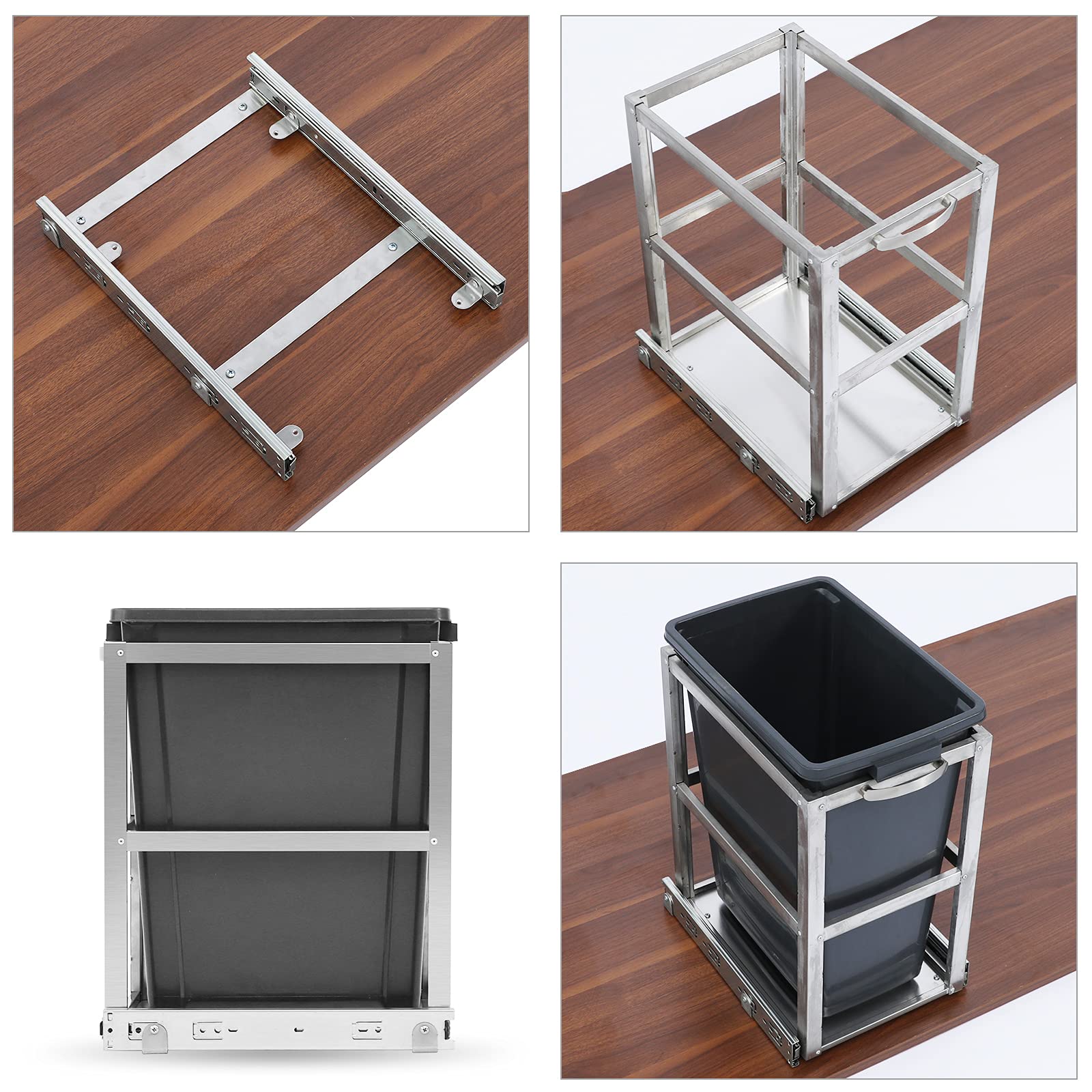 Thre'a Under Counter Kitchen Cabinet Pull-Out Trash Can with Stainless Steel Frame,28 Liter / 7.5 Gallon Sliding Pull Out Waste Bin Container,Used in The Kitchen Concealed Trash Can(Single Barrel)