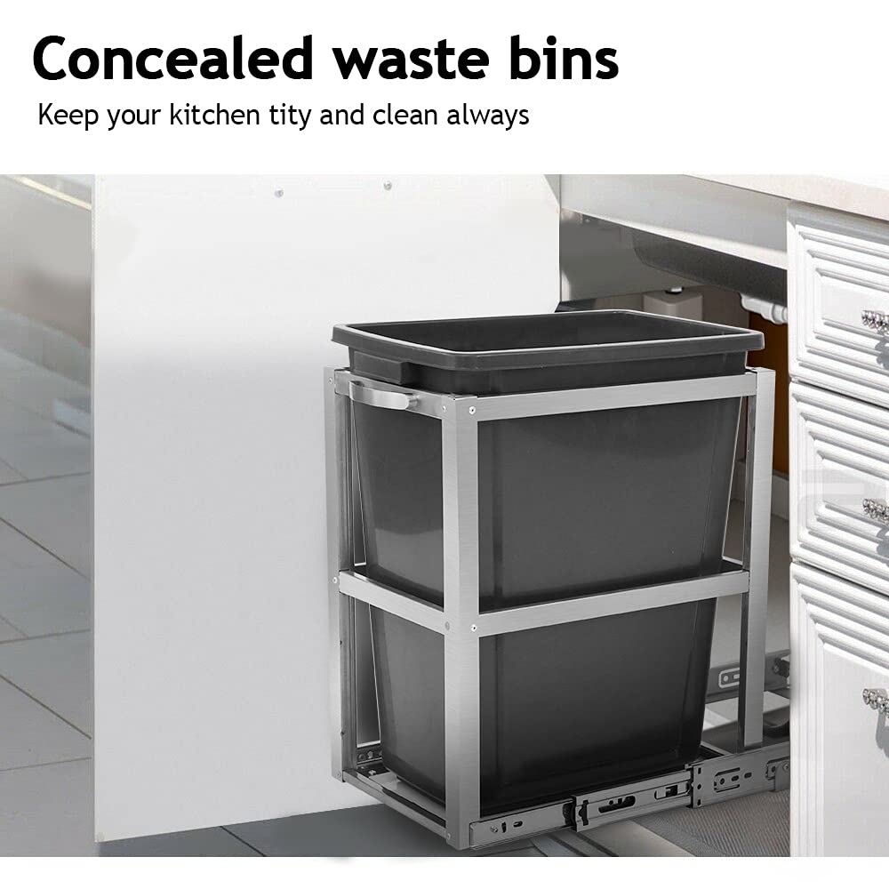 Thre'a Under Counter Kitchen Cabinet Pull-Out Trash Can with Stainless Steel Frame,28 Liter / 7.5 Gallon Sliding Pull Out Waste Bin Container,Used in The Kitchen Concealed Trash Can(Single Barrel)
