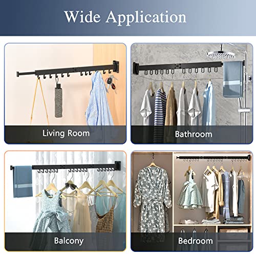 BHeadCat Clothes Laundry Drying Rack Wall Mounted, Retractable Garment Hanger with Hooks, Easy to Install, Strong Load-Bearing, Tri-Collapsible Clothes Dry Rack for Balcony, Bathroom, Bedroom