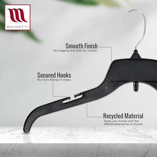 Mainetti 484 Recycled Black Plastic Hangers - 200 Pack with Rotating Metal Hook and Notches for Straps, Great for Shirts/Tops/Dresses, 17-Inch
