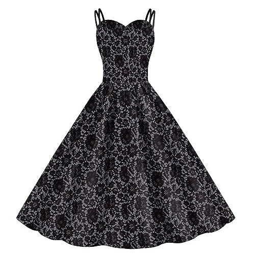 KSODFNXH Womens Dresses Casual Halloween Floral Printed Costumes Trendy Vintage Double Strap Small V Neck Swing Gown Dresses