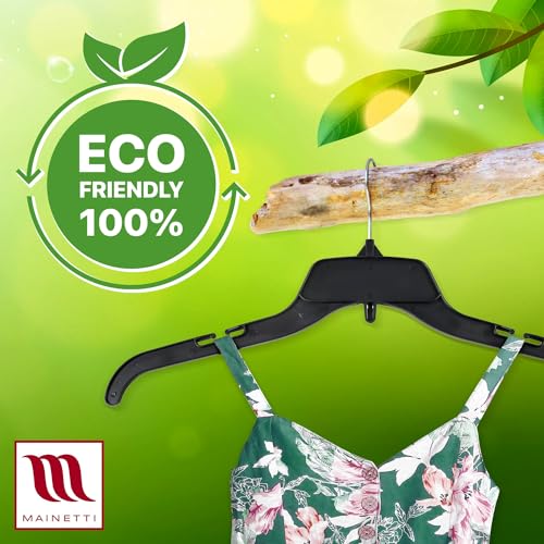 Mainetti 484 Recycled Black Plastic Hangers - 200 Pack with Rotating Metal Hook and Notches for Straps, Great for Shirts/Tops/Dresses, 17-Inch