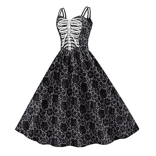 KSODFNXH Womens Dresses Casual Halloween Floral Printed Costumes Trendy Vintage Double Strap Small V Neck Swing Gown Dresses