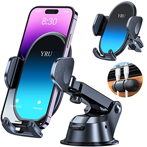 [Upgraded] YRU Car Phone Mount, Sturdy Suction Adjustable Long Arm Cell Phone Holder for Car Dashboard Air Vent Windshield, Handsfree Dash Stand for iPhone 14 13 Pro Max, Samsung Universal Cellphone
