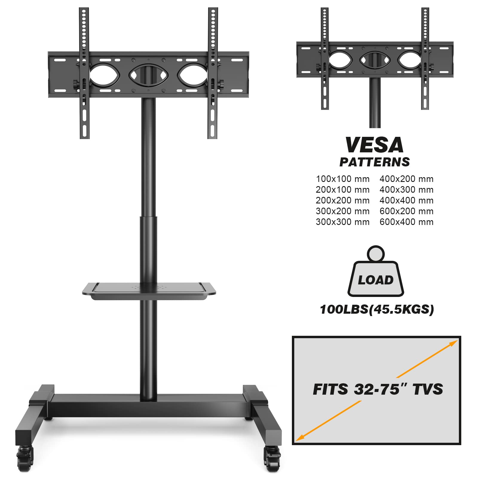 5Rcom Upgraded Rolling TV Stand, Sturdy TV Stand Mount with Locking Wheels for 32-75" Flat/Curved Panel Screens TVs, Height & Tilt Adjustable TV Floor Stand, Holds up to 100lbs