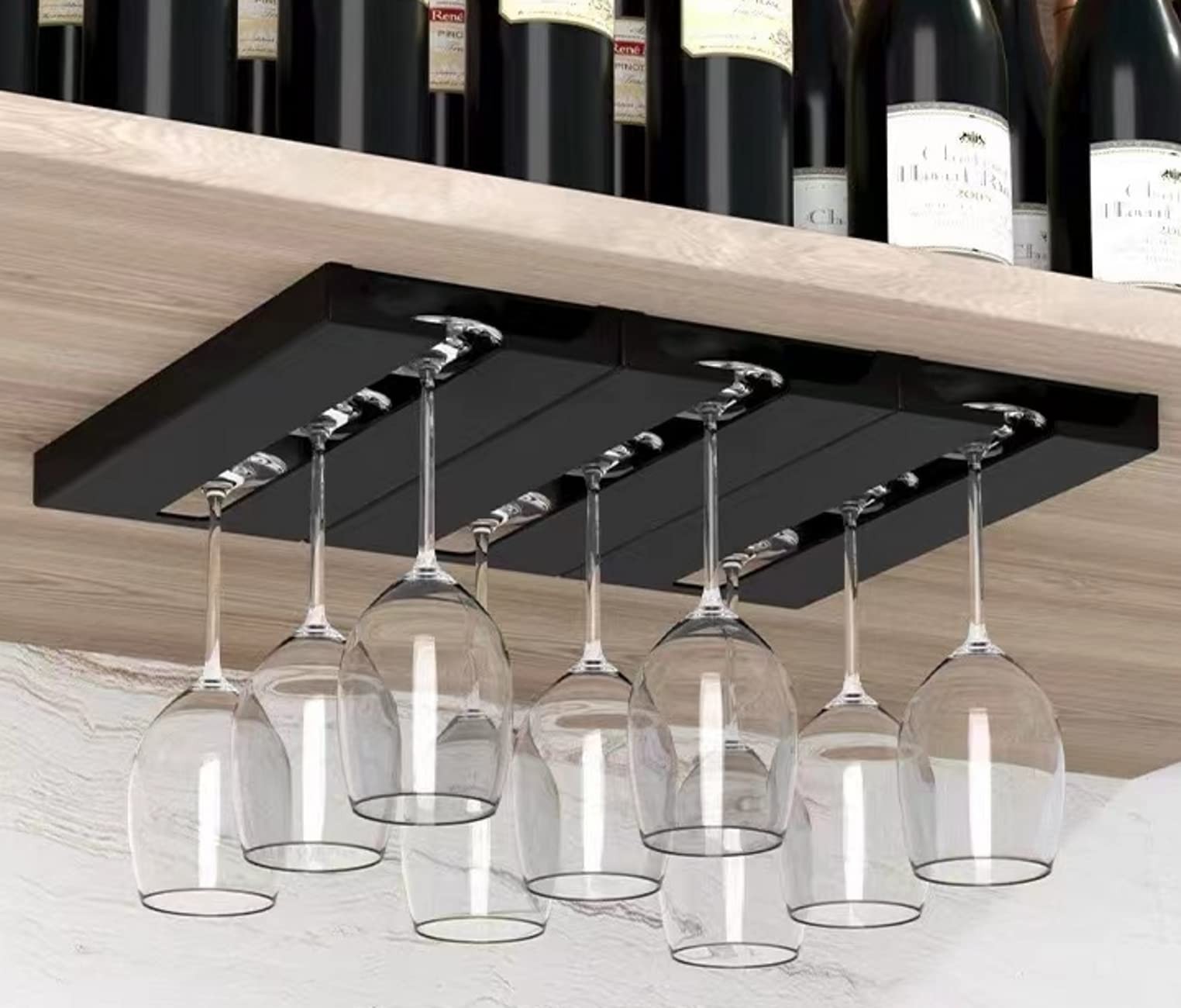 Manwo 2 Pack Wine Glass Holder Under Shelf or Cabinet Punch-free Wine Glass Rack Plastic Stemware Rack Glassware Drying Storage Hanger for Kitchen,Bar and Restaurant(Black)