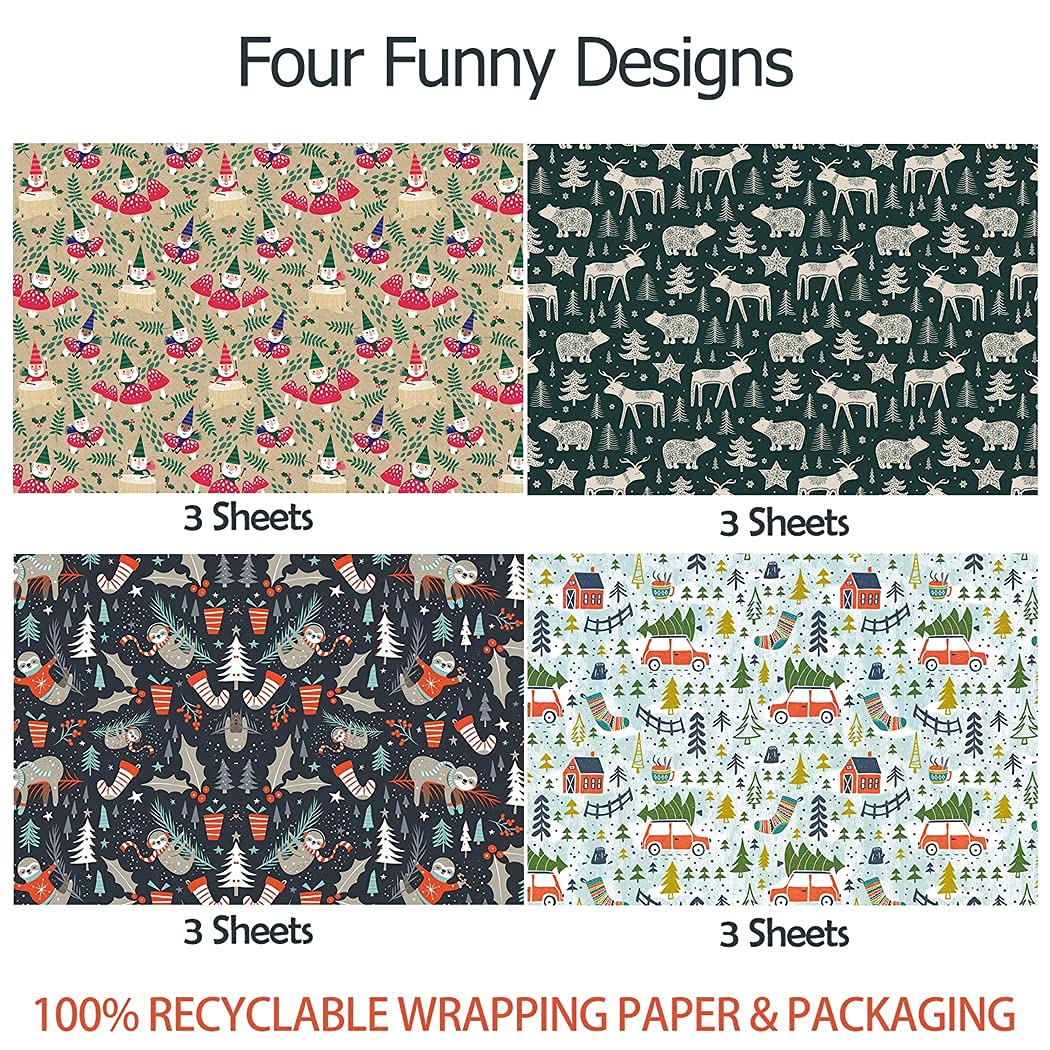 Christmas Wrapping Paper for Kids Boys Girls Men Women, Gift Wrapping Paper Include Santa, Stockings,Tree, Xmas Wrapping paper 20 x 29 Inches per Sheet (12 Sheets 48 sq. ft.)Recycled Easy Storage
