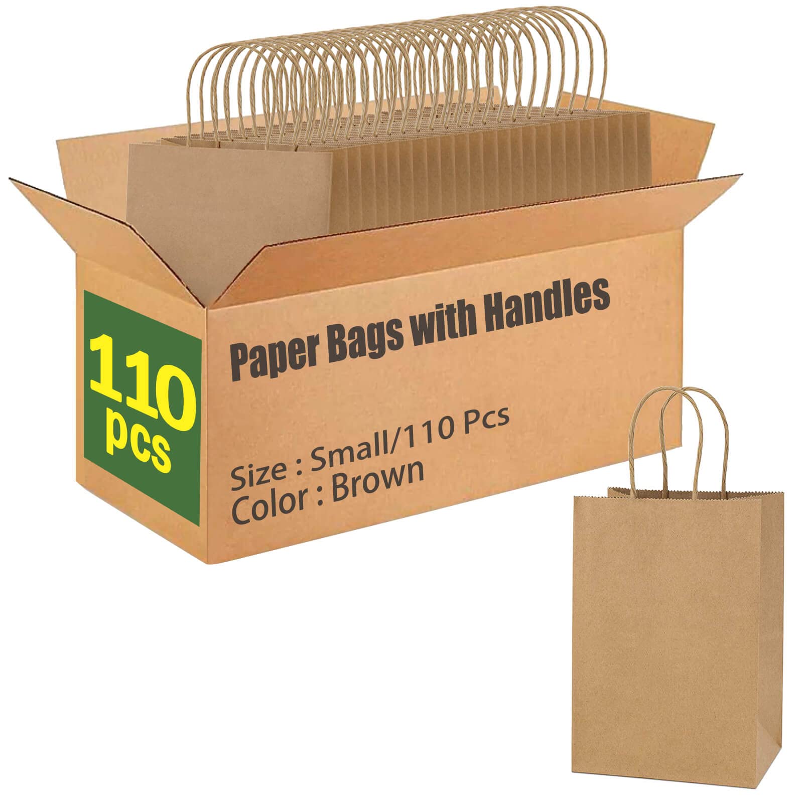 AlexHome 110 Pcs Brown Paper Bags with Handles,5.8 x 3.2 x 8.2 Inches,Size Small,Paper Gift Bags,Kraft Paper Bags Bulk for Grocery/Business Owners/Shopping/Party/Goody/Retail/Takeouts/Birthday/christmas,Brown,Small,110 Pcs