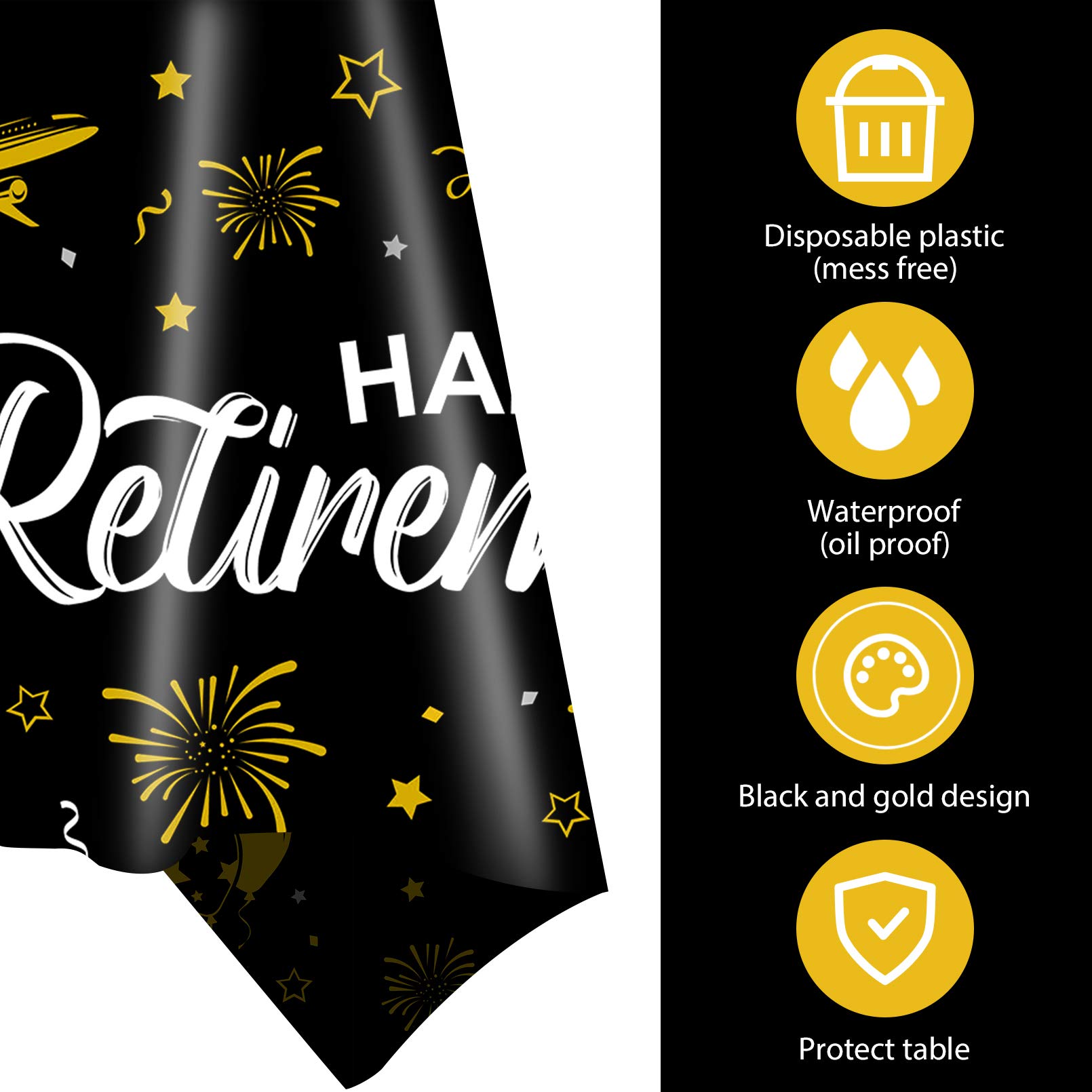 Retirement Decorations, 3pcs Black and Gold Happy Retirement Tablecloth, Plastic Disposable Rectangle Table Cover for Retirement Party Favor Decorations- 54" x 108"