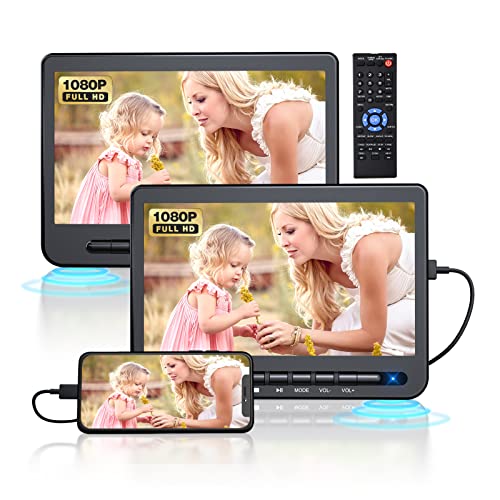 DESOBRY 10.5" Portable DVD Player for Car, Car DVD Player Dual Screen with HDMI Input, 5-Hour Rechargeable Battery, HD Transmission, Headrest DVD Player Supports USB, Last Memory (1 Player+1 Monitor)
