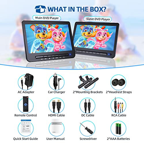 DESOBRY 10.5" Portable DVD Player for Car, Car DVD Player Dual Screen with HDMI Input, 5-Hour Rechargeable Battery, HD Transmission, Headrest DVD Player Supports USB, Last Memory (1 Player+1 Monitor)