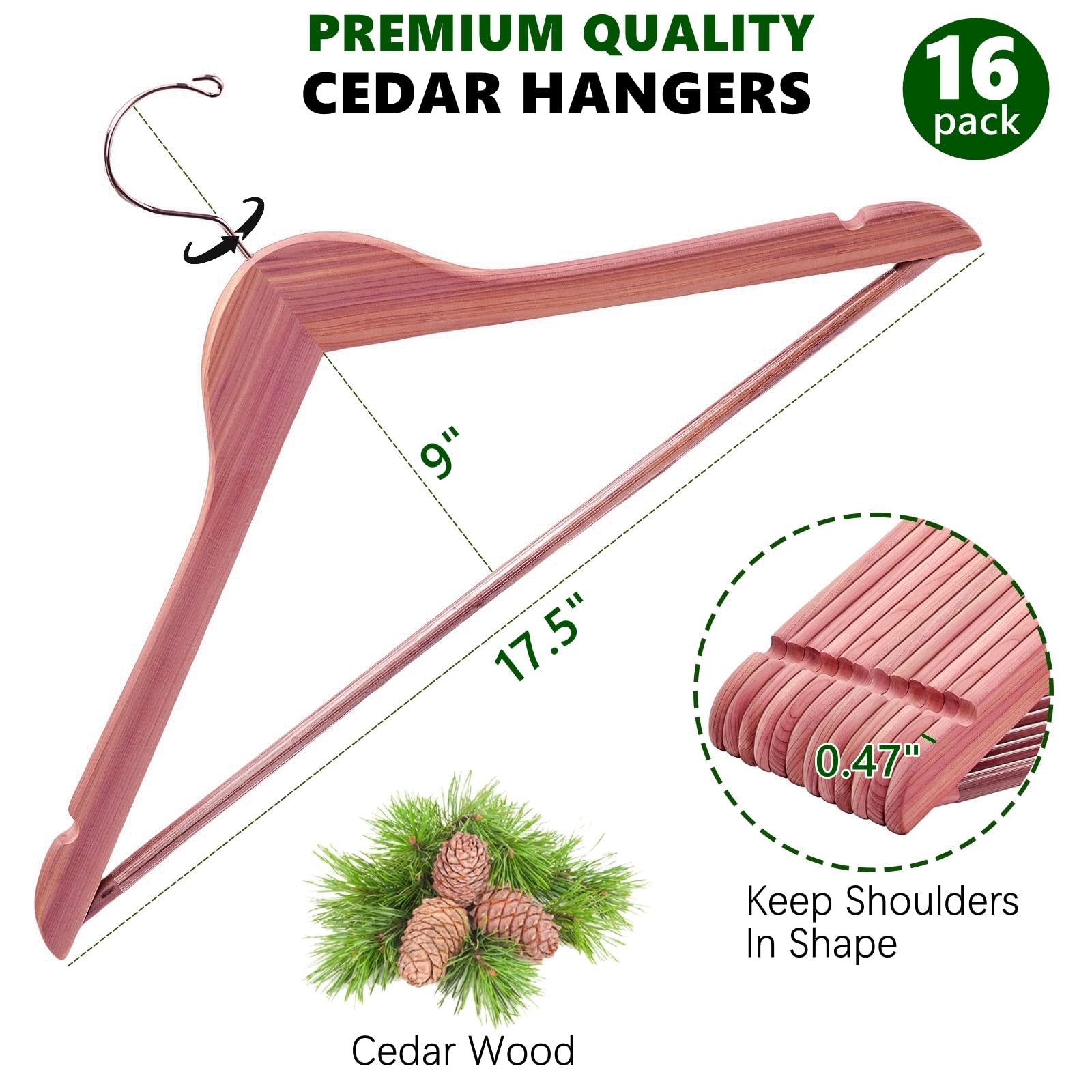 Amber Home 16 Pack American Red Cedar Hangers, Smooth Finish Wood Coat Hangers for Suit Shirt, Aromatic Cedar Clothes Hangers with Swivel Hook & Notches for Dress, Jacket, Pants (Cedar,16)