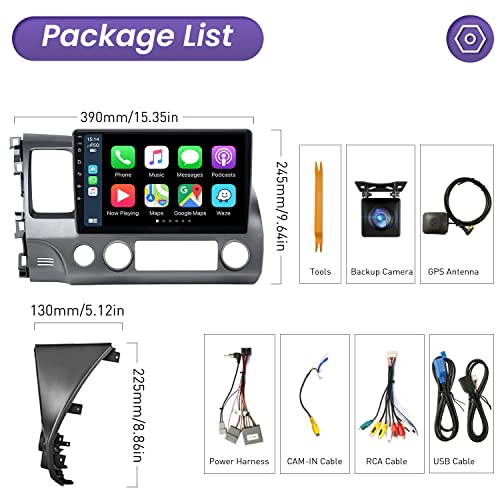 Fortdows Car Stereo Radio for Honda Civic 2006-2011, for Wireless Carplay/Android Auto 10" IPS Touch Screen Car Stereo Radio with Bluetooth Wi-Fi GPS Backup Camera, 4G RAM 64G ROM