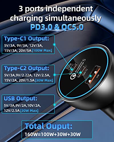 160W USB C Car Charger, Baseus PD3.0 QC5.0 PPS 45W 3 Ports Super Fast Charging Type C Car Phone Charger Adapter for iPhone 14 13 12 11 Pro Max Samsung Galaxy S22/S21 Ultra/Tab S8 iPad MacBook Laptop