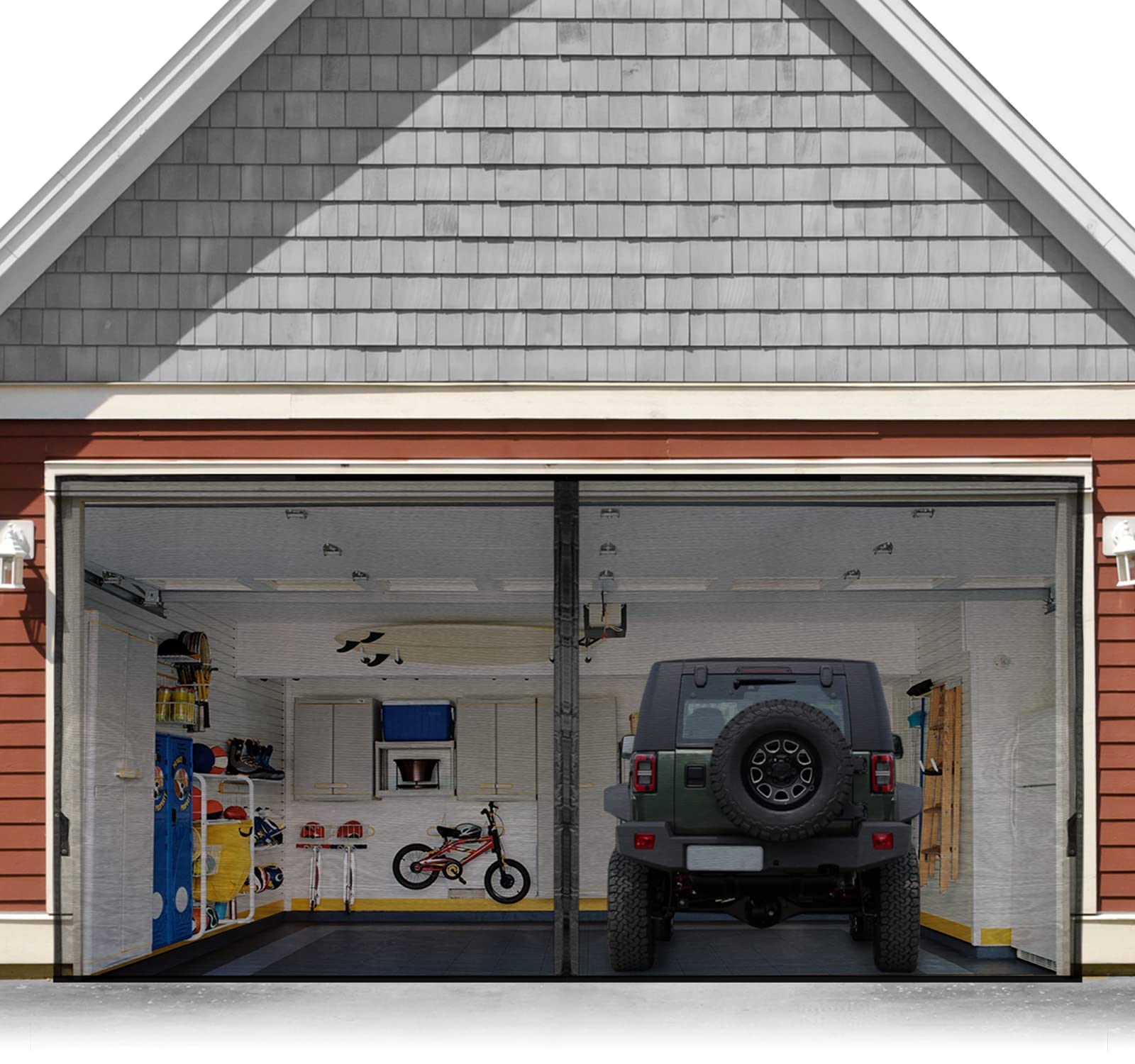 Garage Door Screen For 2 Car 18x7FT, Magnetic Screen Garage with Retractable Fiberglass Mesh and Heavy Duty Weighted Bottom, Easy Assembly & Pass, Hands Free Screen Door w/ 40 Magnets for Garage/Patio