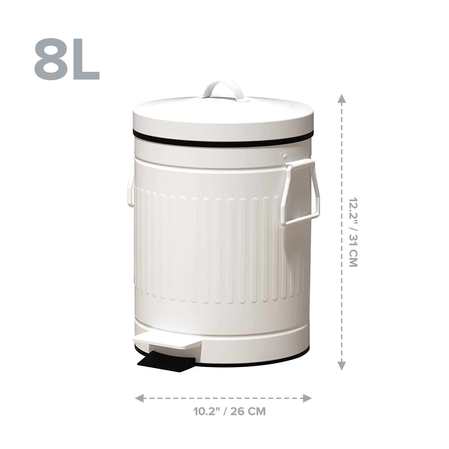 Retro Trash Can with Lid - 8L/2.1Gal Step Trash Can w/ Soft Closing Lid - Round Garbage Can w/ Handles - Touchless Trash Can w/ Removable Garbage Guard Bucket - Outdoor Garbage Can - Large Trash Bin, White