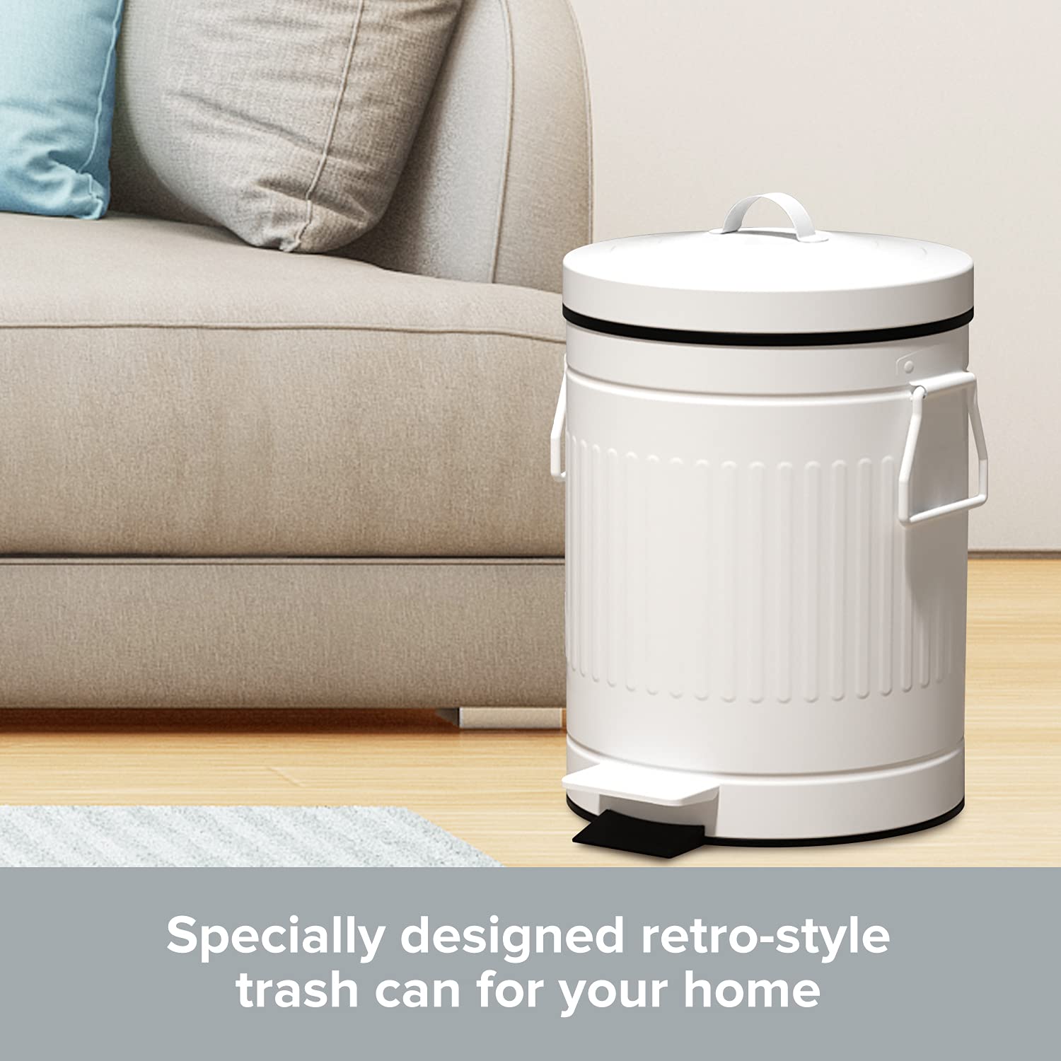 Retro Trash Can with Lid - 8L/2.1Gal Step Trash Can w/ Soft Closing Lid - Round Garbage Can w/ Handles - Touchless Trash Can w/ Removable Garbage Guard Bucket - Outdoor Garbage Can - Large Trash Bin, White