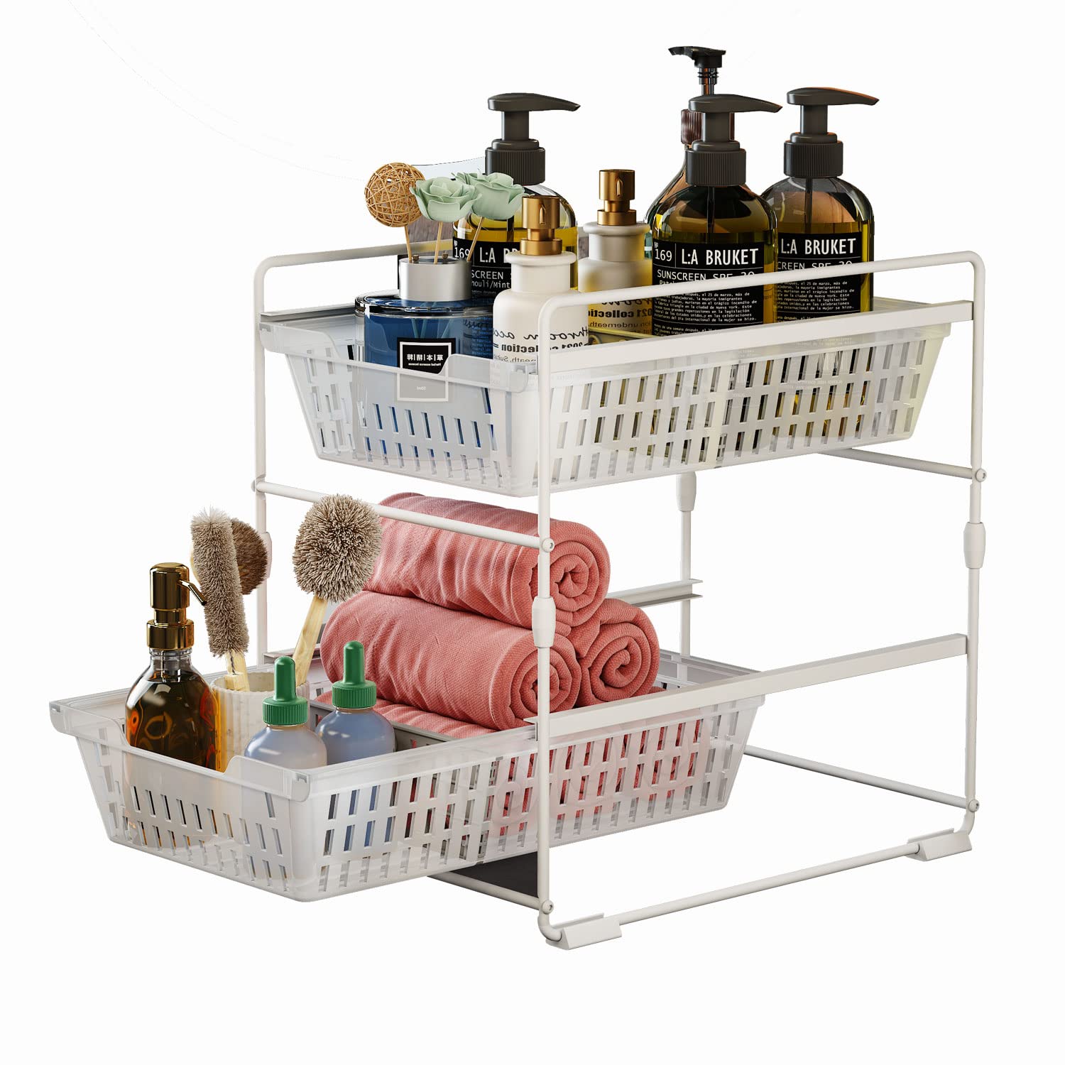 Under Sink Organizers and Storage,Bathroom Counter Organizer Shelf,2 Tier Pull Out Cabinet Organizer Baskets with Dividers,White