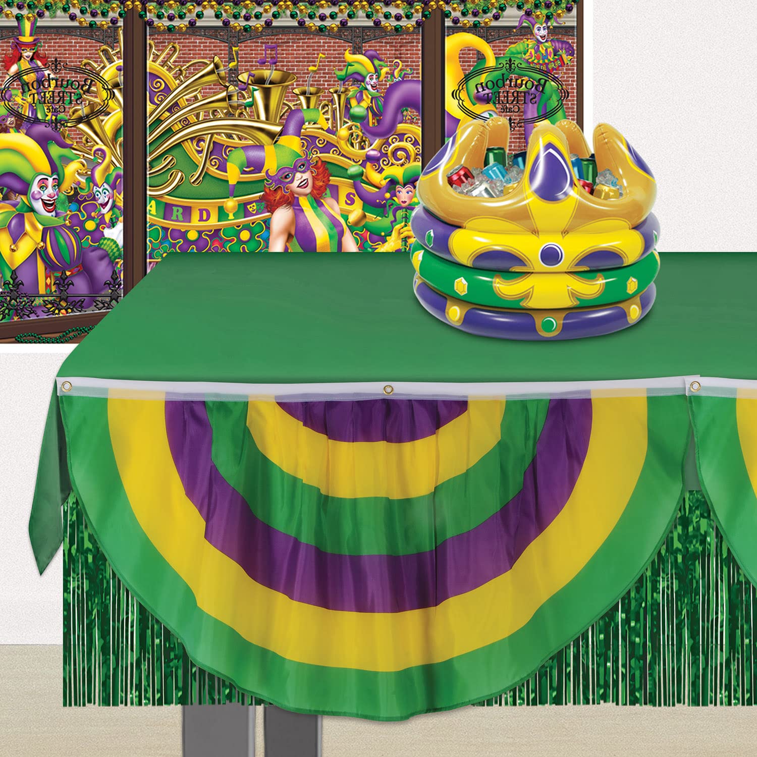 Beistle Mardi Gras Polyester Fabric Bunting Banner for Indoor/Outdoor Use Photo Backdrop Parade Float Decorations, 48" x 24", Green/Yellow/Purple