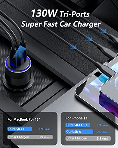 130W USB C Car Charger, PD 100W PPS 45W QC 30W Type C Super Fast Charging LED Cigarette Lighter USB-C Car Adapter for iPhone 13 12 Pro Samsung S22 S21 Ultra Note 20 iPad MacBook Pro Air Laptop