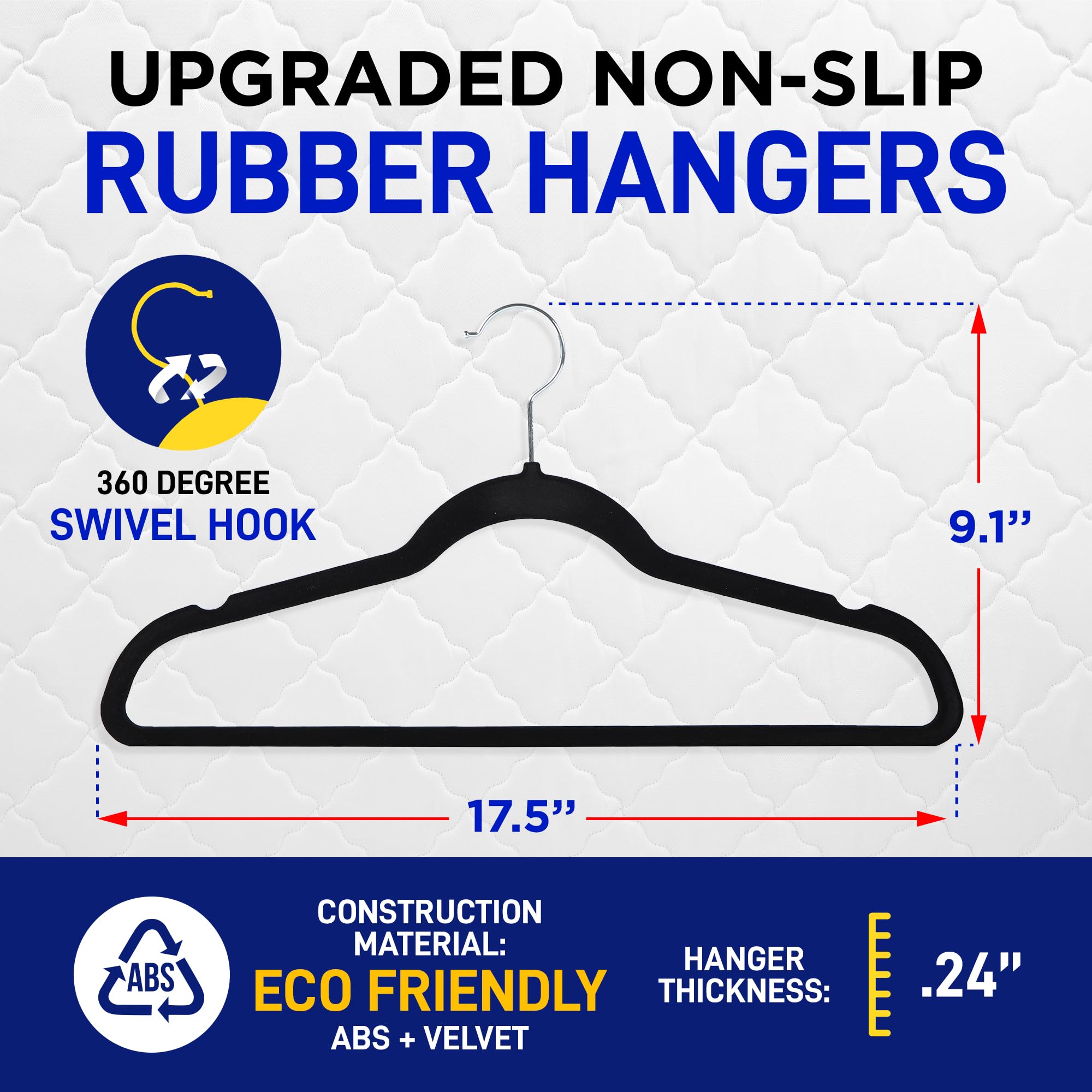 Lifemaster Velvet Non-Slip Plastic Hanger Set - 20 Pieces Non-Slip Clothes Hanger Set with 360° Swivel Hook, Space-Saving, Sleek Design, Smooth Velvet Finish, Lightweight Construction - Black