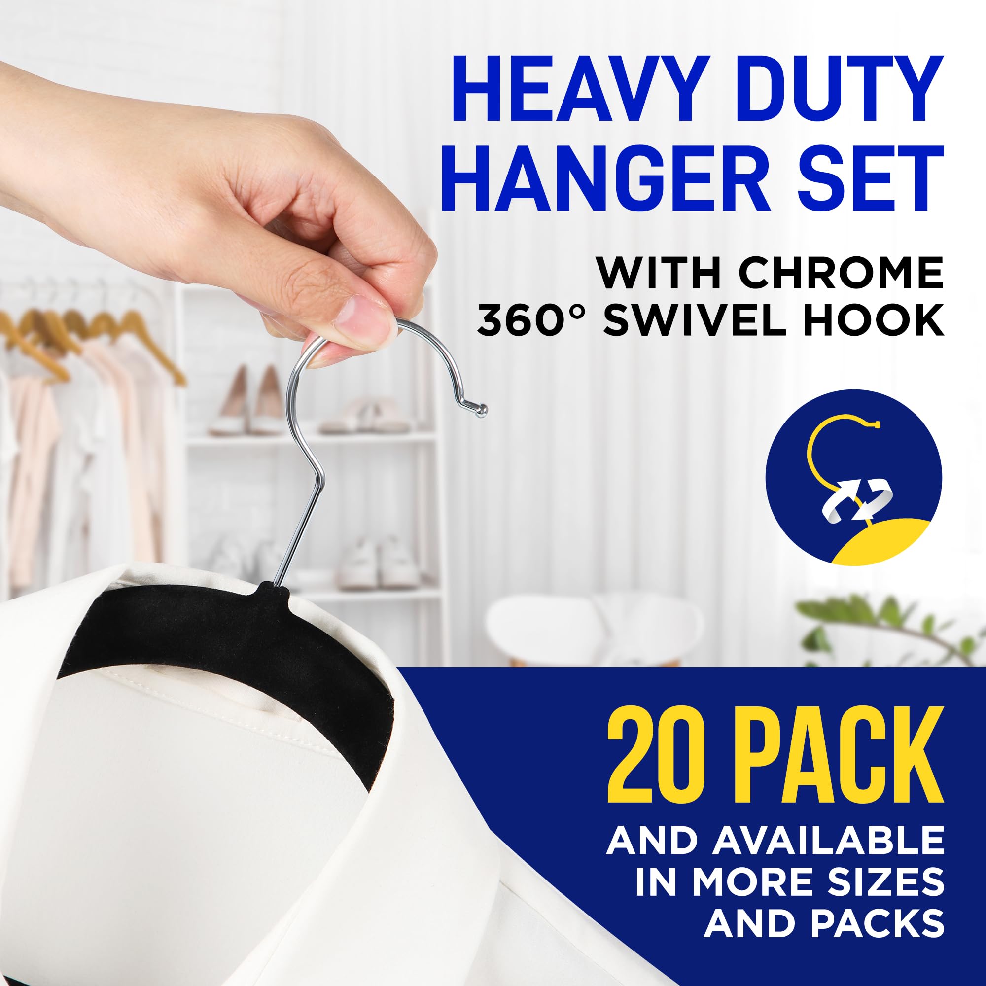 Lifemaster Velvet Non-Slip Plastic Hanger Set - 20 Pieces Non-Slip Clothes Hanger Set with 360° Swivel Hook, Space-Saving, Sleek Design, Smooth Velvet Finish, Lightweight Construction - Black