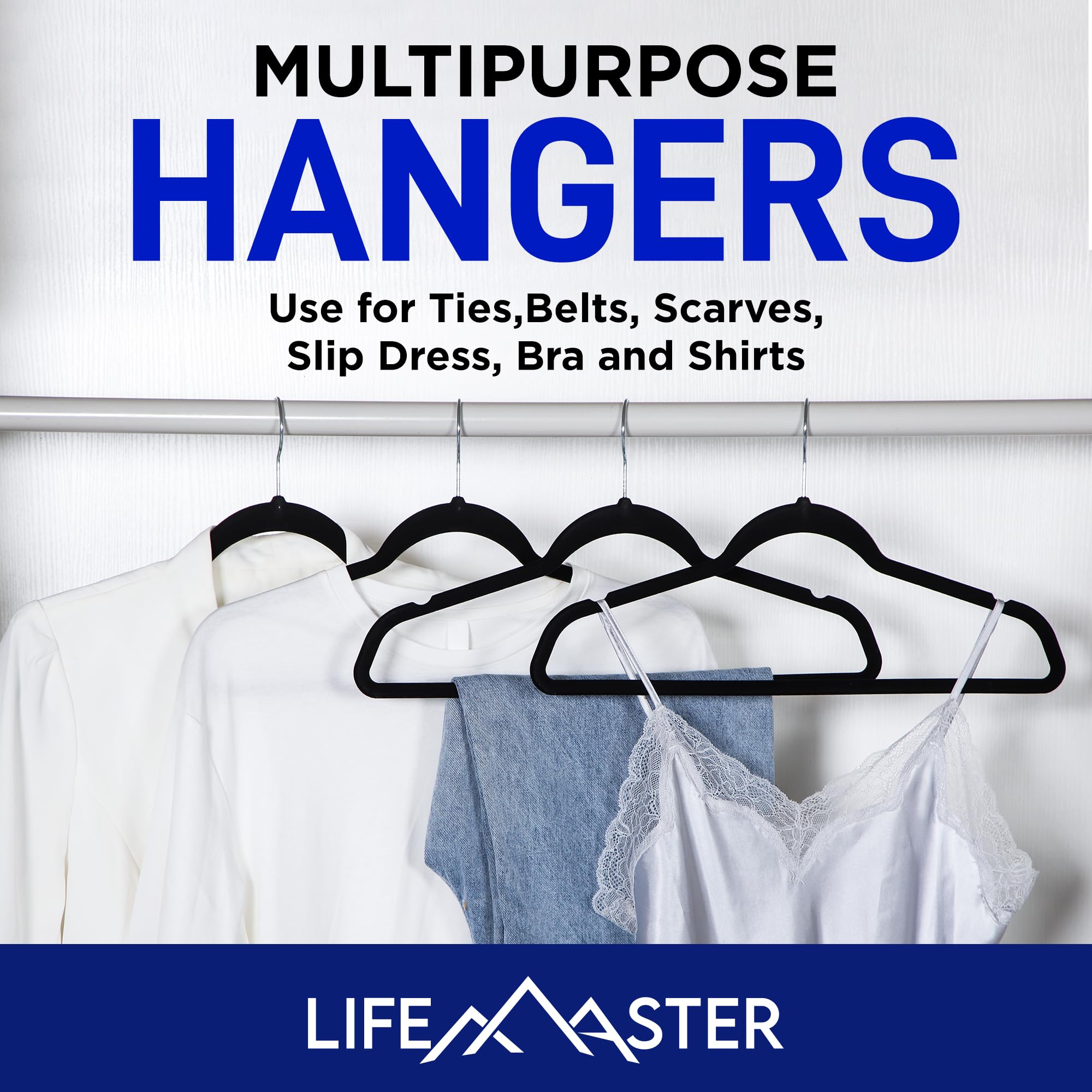 Lifemaster Velvet Non-Slip Plastic Hanger Set - 20 Pieces Non-Slip Clothes Hanger Set with 360° Swivel Hook, Space-Saving, Sleek Design, Smooth Velvet Finish, Lightweight Construction - Black