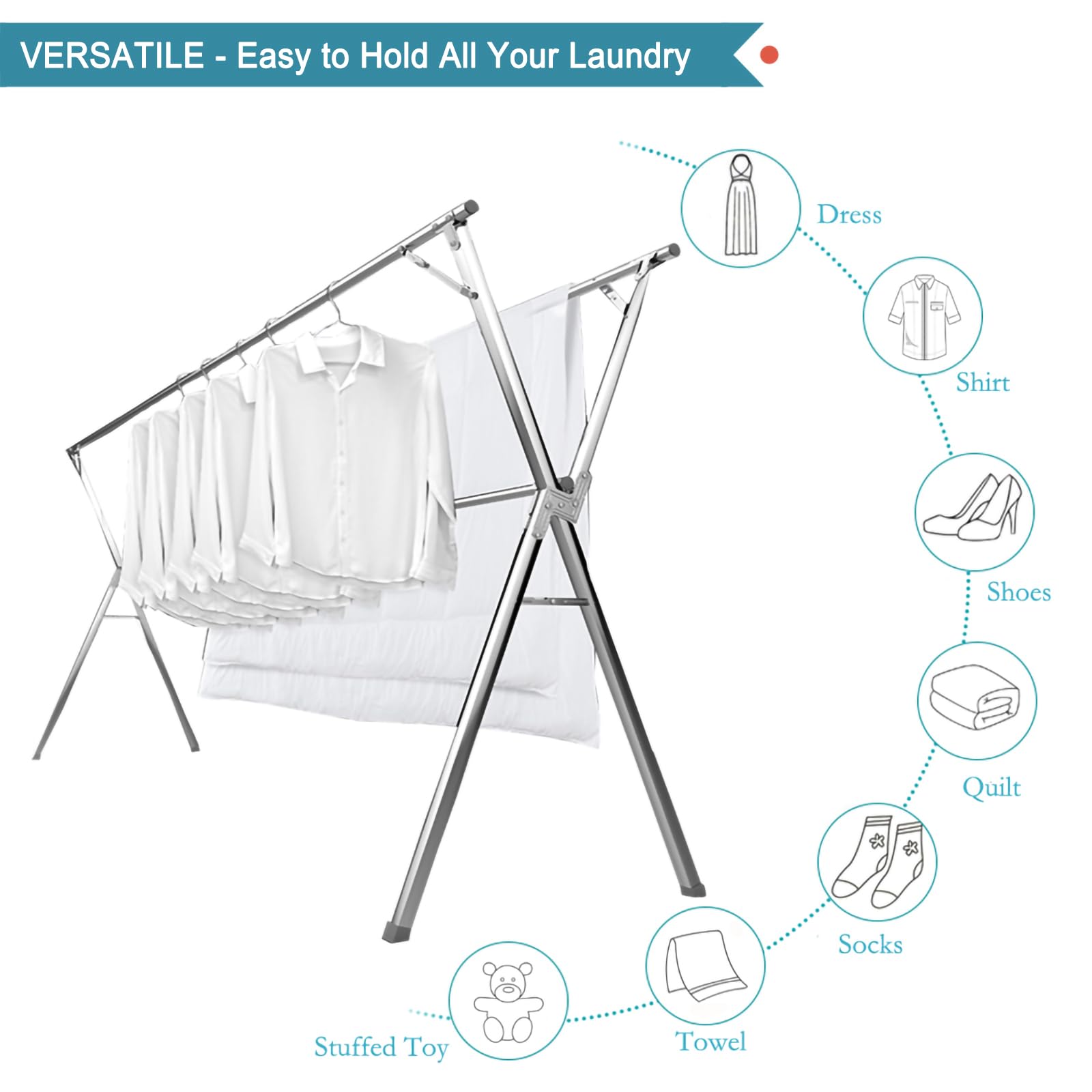JAUREE 63 Inches Clothes Drying Rack, Stainless Steel Garment Rack Adjustable and Foldable Space Saving Laundry Drying Rack for Indoor Outdoor with 20 Windproof Hooks