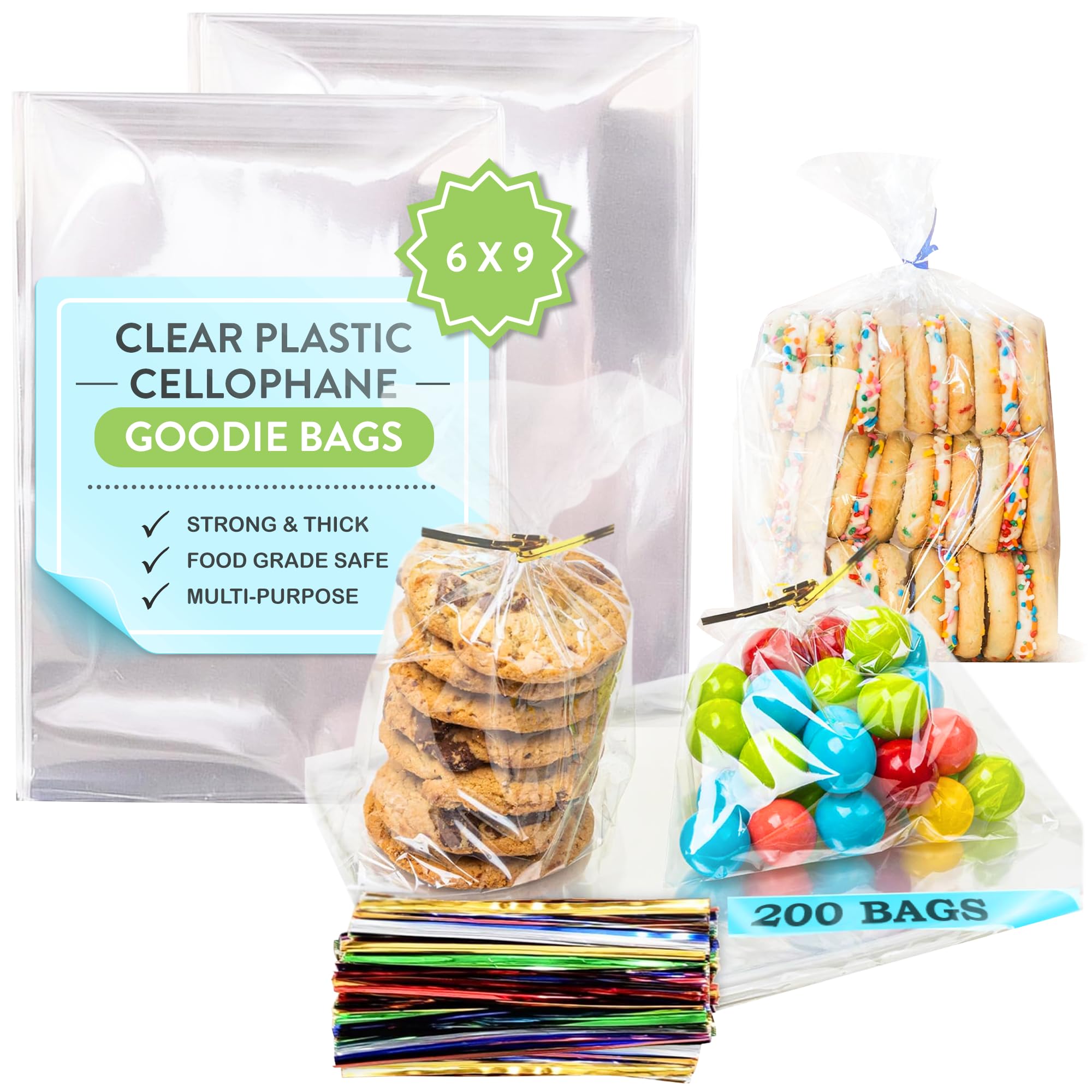 200 Pcs 6x9 Clear Flat Cello/Cellophane Treat Bags for Gift Wrapping, Thick OPP Plastic Bags for Wedding Cookie Birthday Cake Pops Gift Candy Buffet Supplies