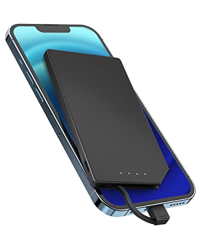 TNTOR Portable Charger with Built in Lightning Cable(MFi Apple Certified) 5000mAh Ultra Slim Power Bank Compatible with iPhone 14/13/12/11 Pro/Max/X/8/7 etc