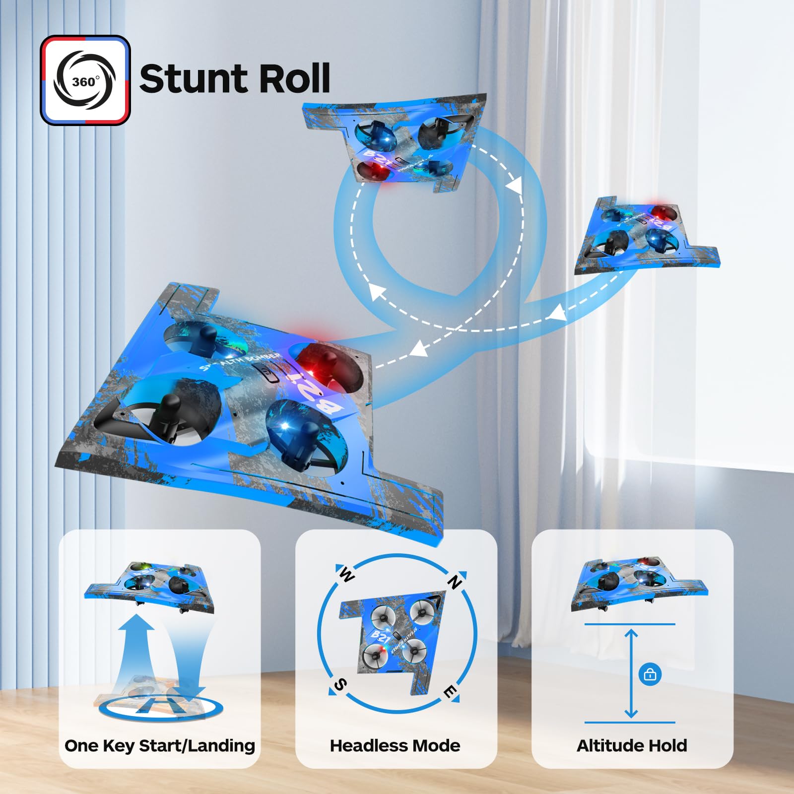 LM19-C Remote Control Airplane Stealth Fighter Jet for Beginner, 2.4GHz RC Planes Indoor Drone for Kids with Altitude Hold, Headless Mode, 3D Flip, Stunt RC Airplanes Gifts for Boys Girls, 2 Batteries