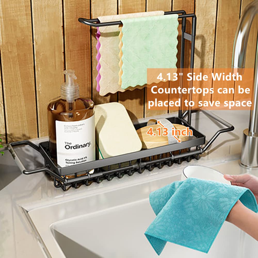 Lexza Telescopic Kitchen Sink Rack Holder,Sponge Holder with Dishcloth Drying Rack,Home Kitchen Multifunction Telescopic Sink Organizer Basket,Stainless Steel Sponge Holder for Kitchen Sink (Black)