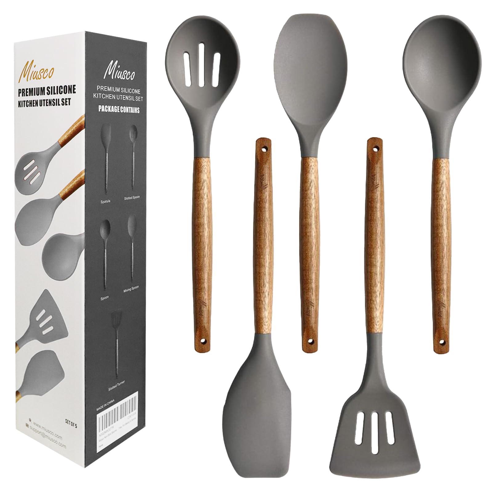 Miusco Non-Stick Silicone Kitchen Utensils Set with Natural Acacia Hard Wood Handle, 5 Pieces, Grey, BPA Free, Baking, Serving and Cooking Utensils