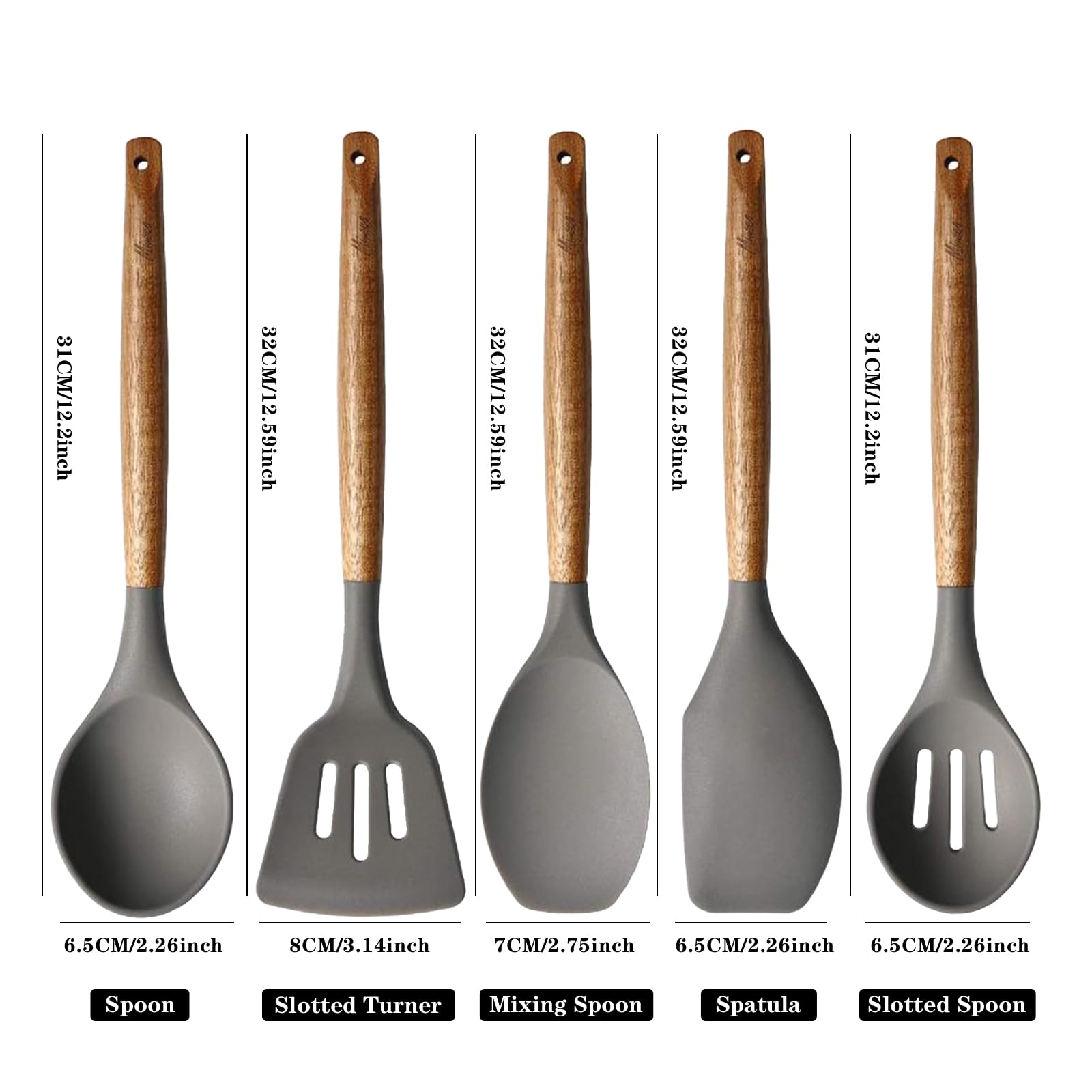 Miusco Non-Stick Silicone Kitchen Utensils Set with Natural Acacia Hard Wood Handle, 5 Pieces, Grey, BPA Free, Baking, Serving and Cooking Utensils