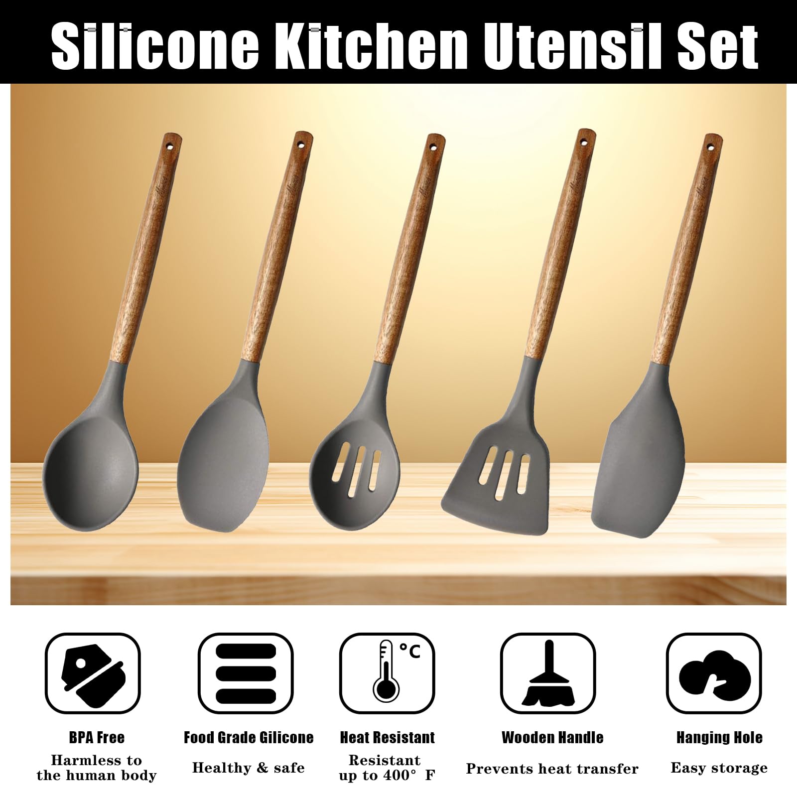Miusco Non-Stick Silicone Kitchen Utensils Set with Natural Acacia Hard Wood Handle, 5 Pieces, Grey, BPA Free, Baking, Serving and Cooking Utensils