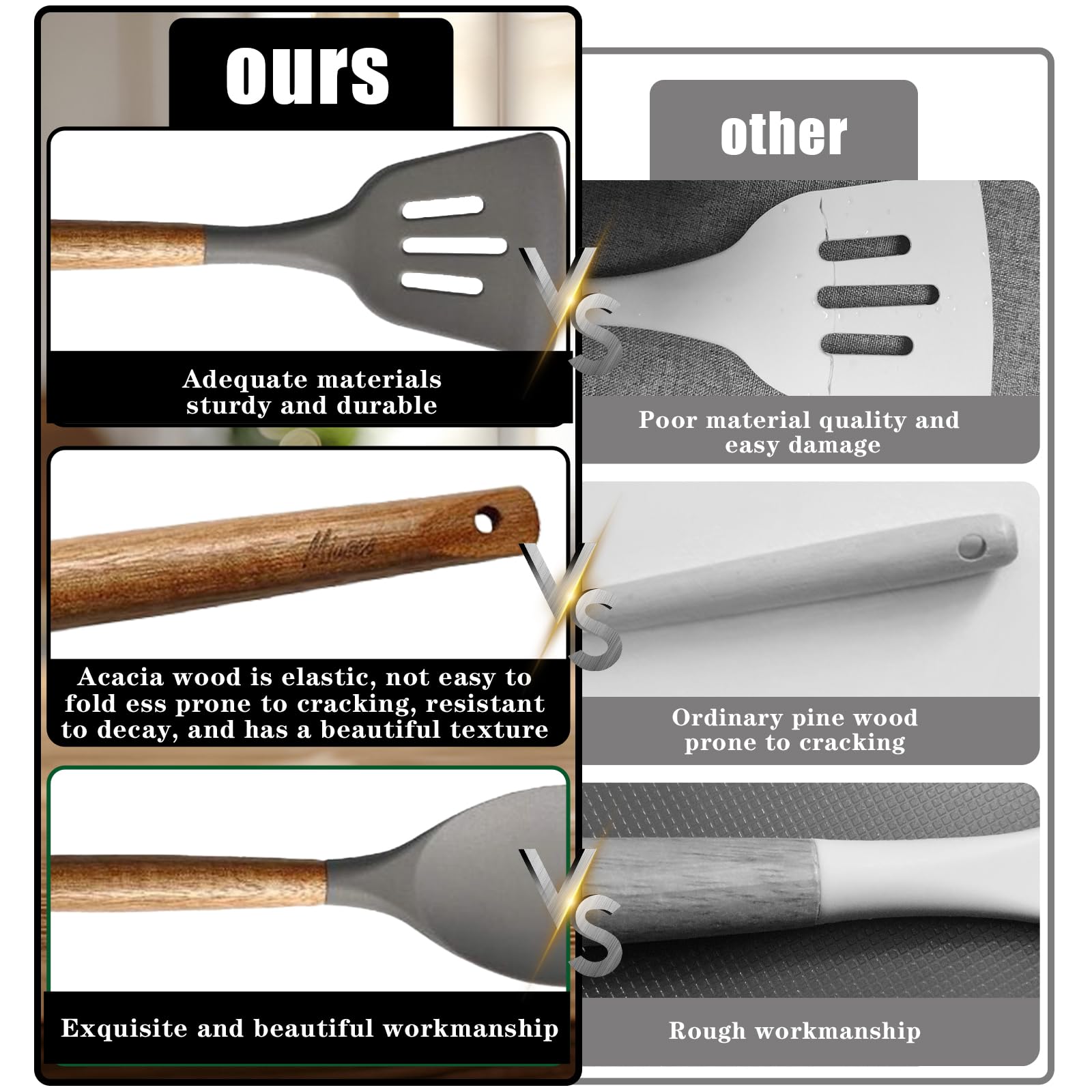 Miusco Non-Stick Silicone Kitchen Utensils Set with Natural Acacia Hard Wood Handle, 5 Pieces, Grey, BPA Free, Baking, Serving and Cooking Utensils
