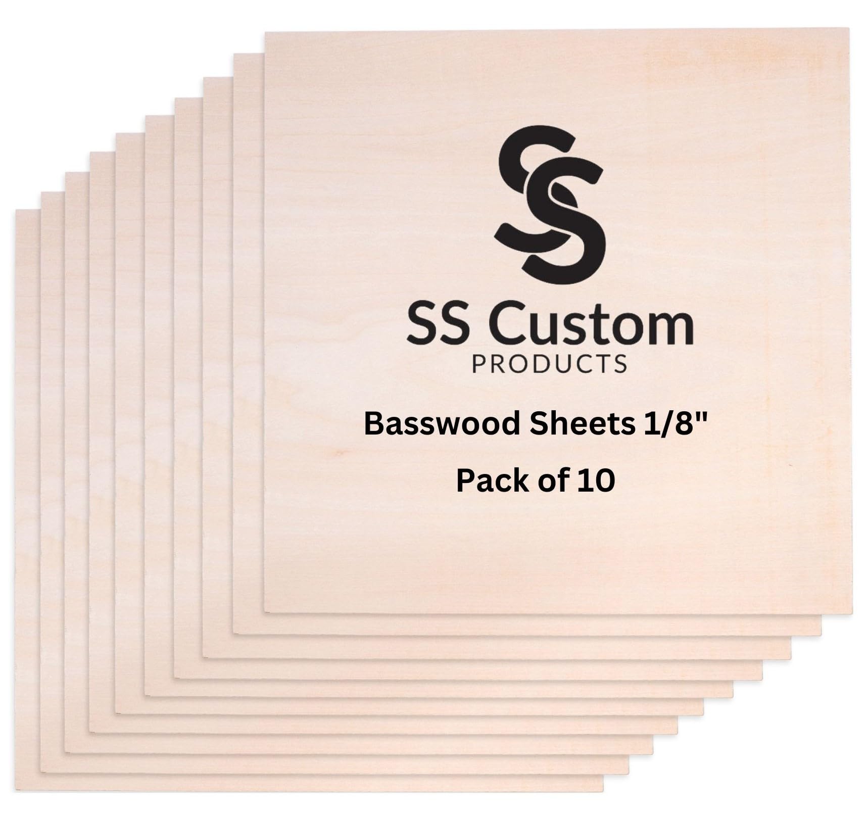 Basswood Sheets for Crafts - 10 Pack - 12 x 12 x 1/8 Inch - 3mm Thick Plywood Sheets with Smooth Surfaces - Bass Wood for Laser Cutting, Wood Burning, Architectural Models, Staining, Drawing
