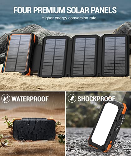 BLAVOR Solar Charger Power Bank, PD 18W QC3.0 Fast Charging 20000mAh Solar Powered Powerbank with 4 Foldable Panels, Type C Input/Output, Camping Light SOS Flashlight, Compass Carabiner(Orange)