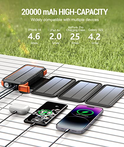 BLAVOR Solar Charger Power Bank, PD 18W QC3.0 Fast Charging 20000mAh Solar Powered Powerbank with 4 Foldable Panels, Type C Input/Output, Camping Light SOS Flashlight, Compass Carabiner(Orange)
