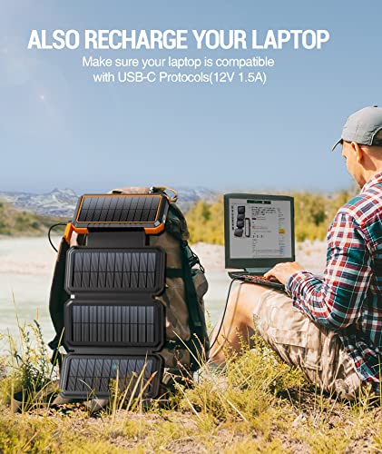 BLAVOR Solar Charger Power Bank, PD 18W QC3.0 Fast Charging 20000mAh Solar Powered Powerbank with 4 Foldable Panels, Type C Input/Output, Camping Light SOS Flashlight, Compass Carabiner(Orange)